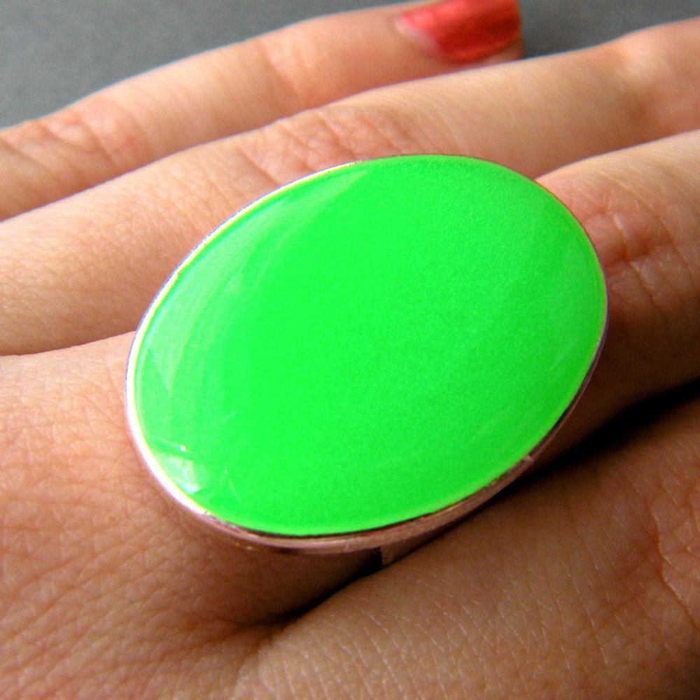 Neon Green Oval Statement Ring, Resin, Adjustable, Fluorescent Green ...