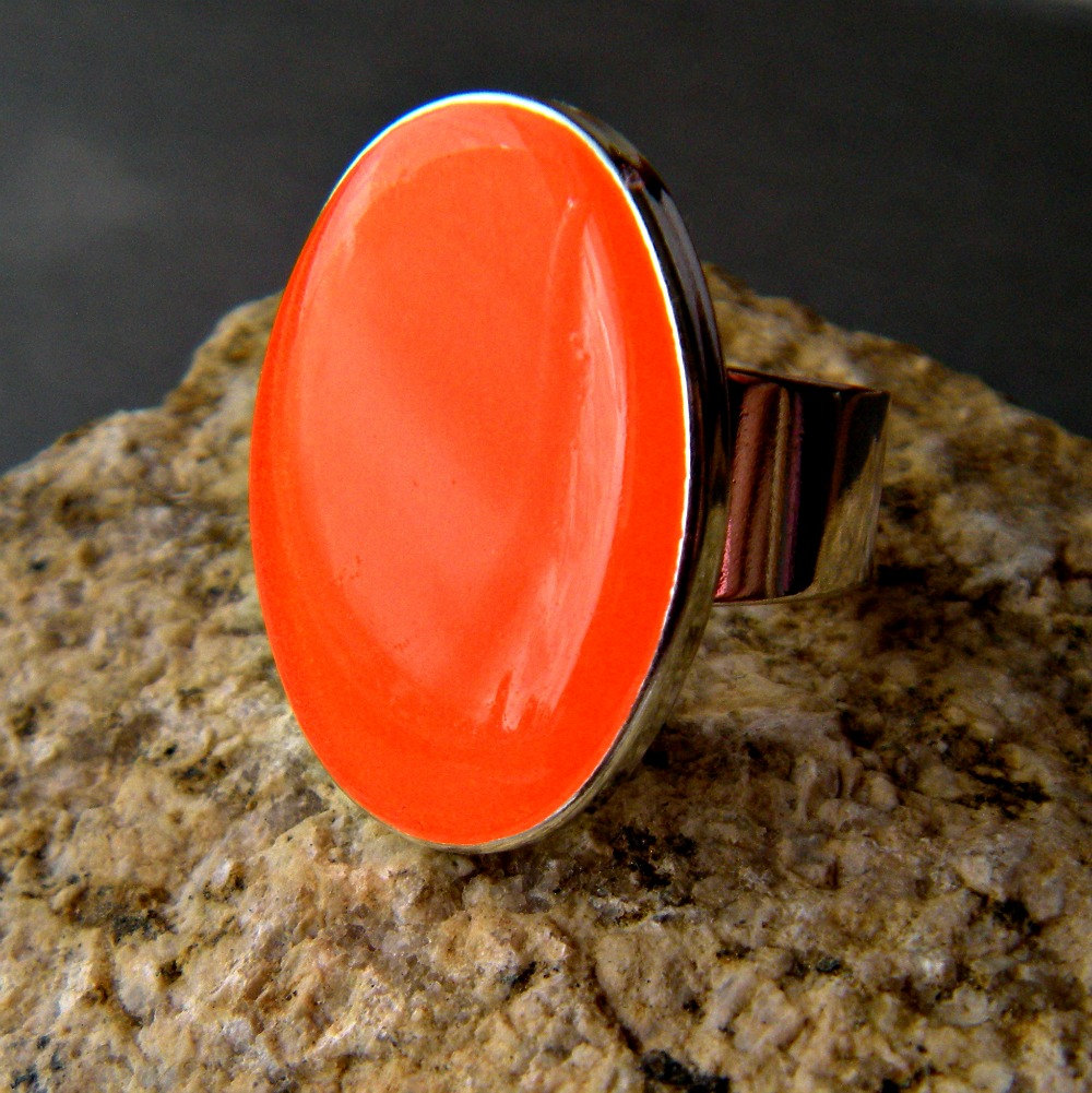 Neon Orange Oval Statement Ring, Resin, Adjustable, Fluorescent Orange ...