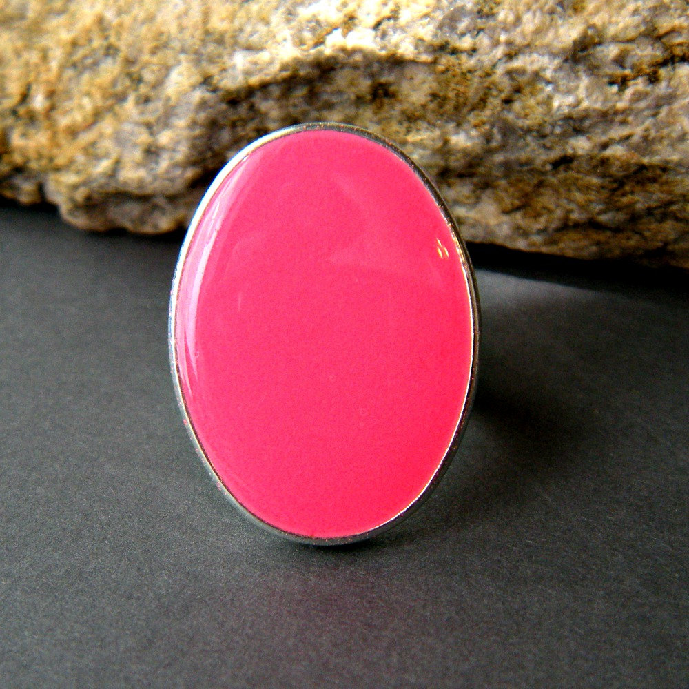 Neon Pink Oval Statement Ring, Resin, Adjustable, Fluorescent Pink ...