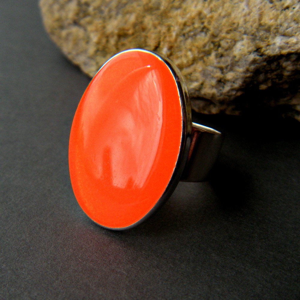 Neon Orange Oval Statement Ring, Resin, Adjustable, Fluorescent Orange ...