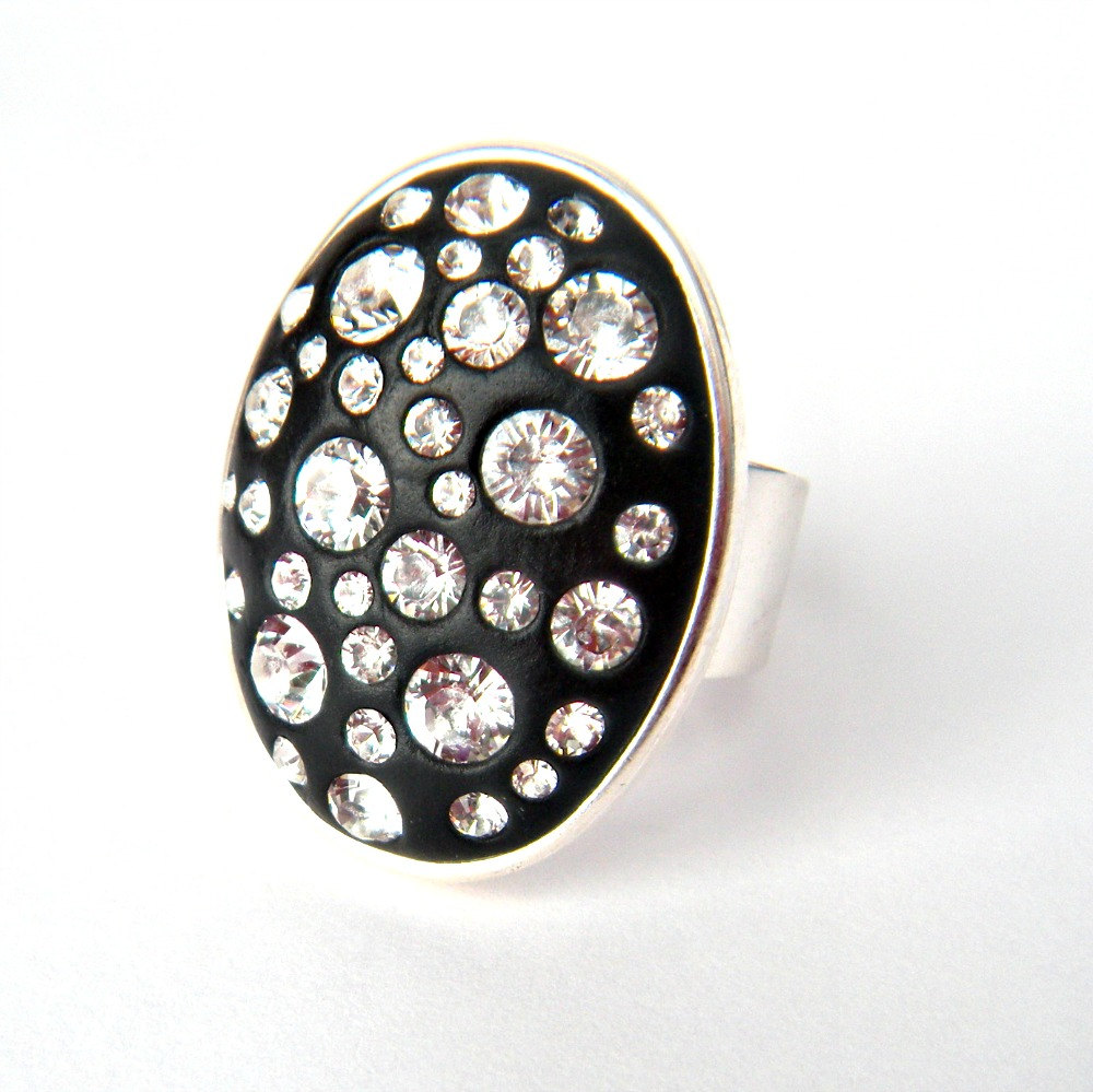 Black And White Crystal Rhinestone Sparkle Oval Statement Ring, Clay ...