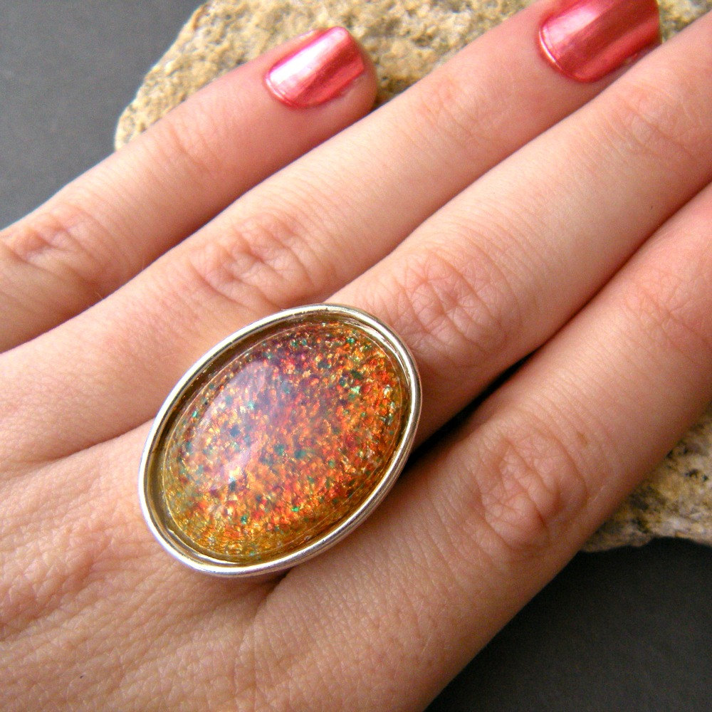 Faux Fire Opal Glass Stone, Sparkle Oval Statement Ring, Adjustable ...