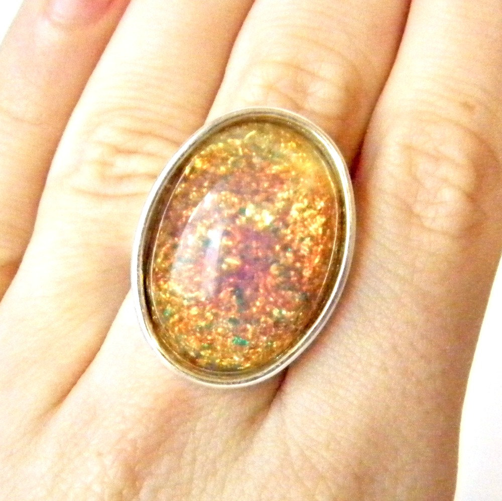 Faux Fire Opal Glass Stone, Sparkle Oval Statement Ring, Adjustable ...