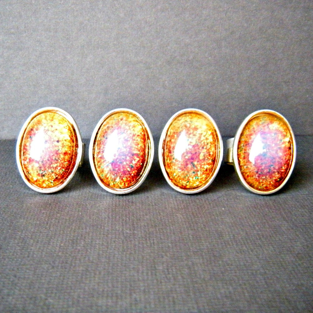 Faux Fire Opal Glass Stone, Sparkle Oval Statement Ring, Adjustable ...